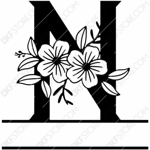 Split Monogram Elegant Floral Split Alphabet Letter N - DXF File Cut ...