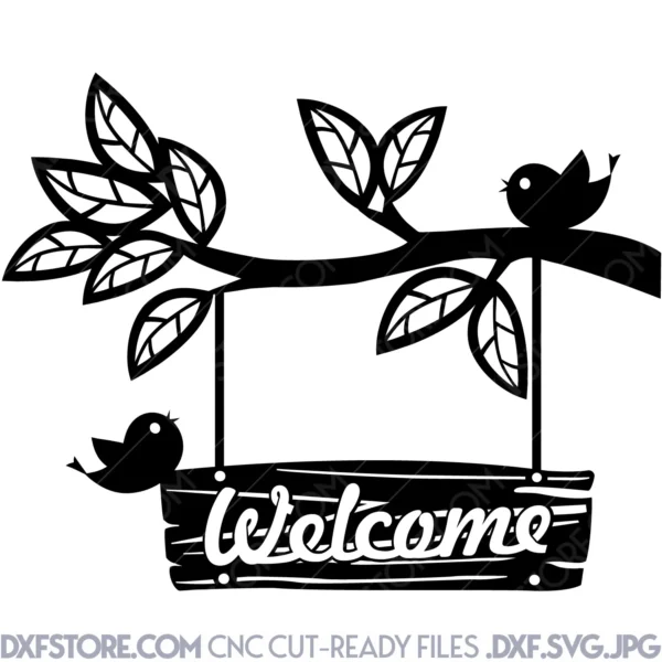 Welcome Sign Tree Branch, Birds and Wood Welcome Sign DXF file ...